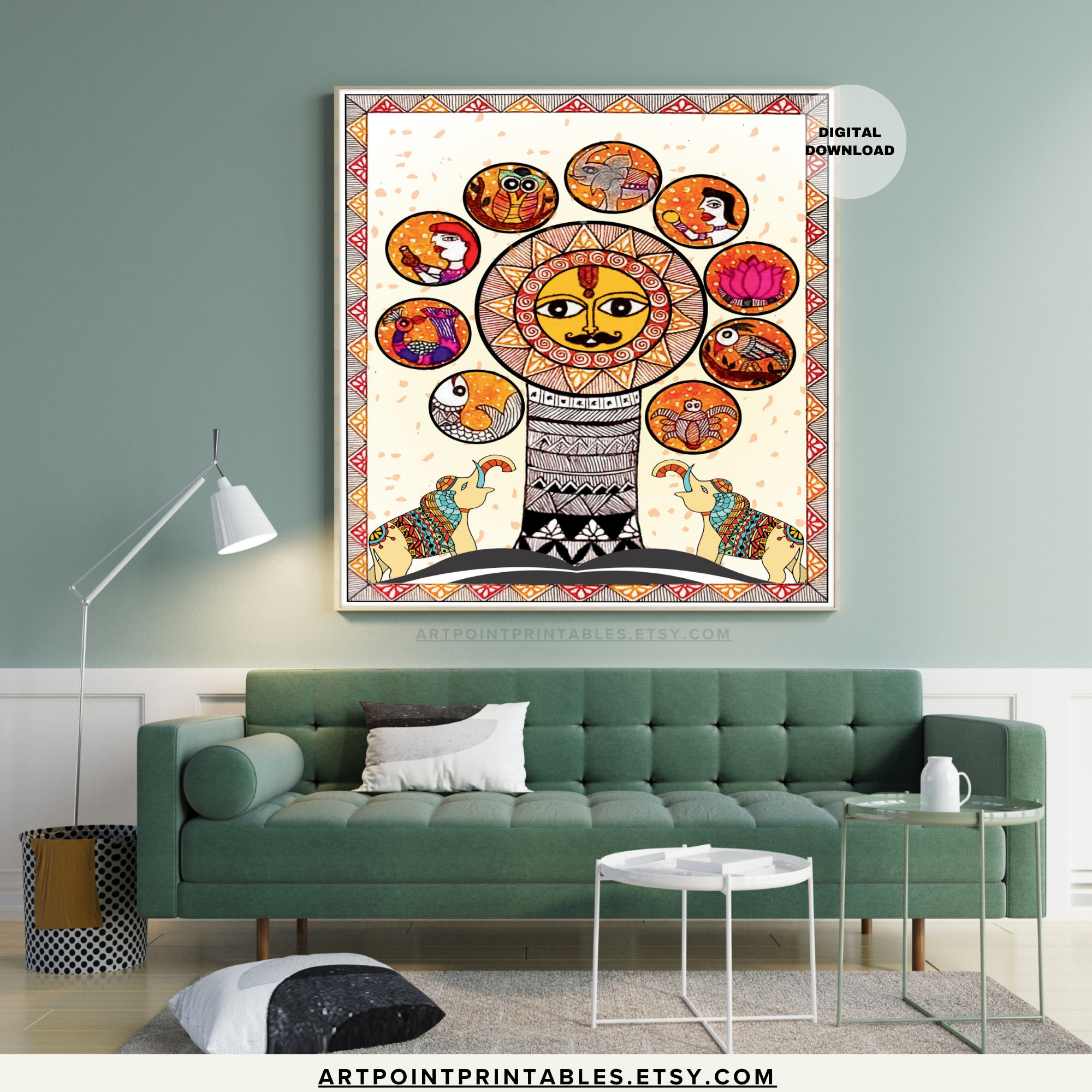 Madhubani Painting, Sun, Tree of Life, Spiritual Wall Art, Indian Wall ...