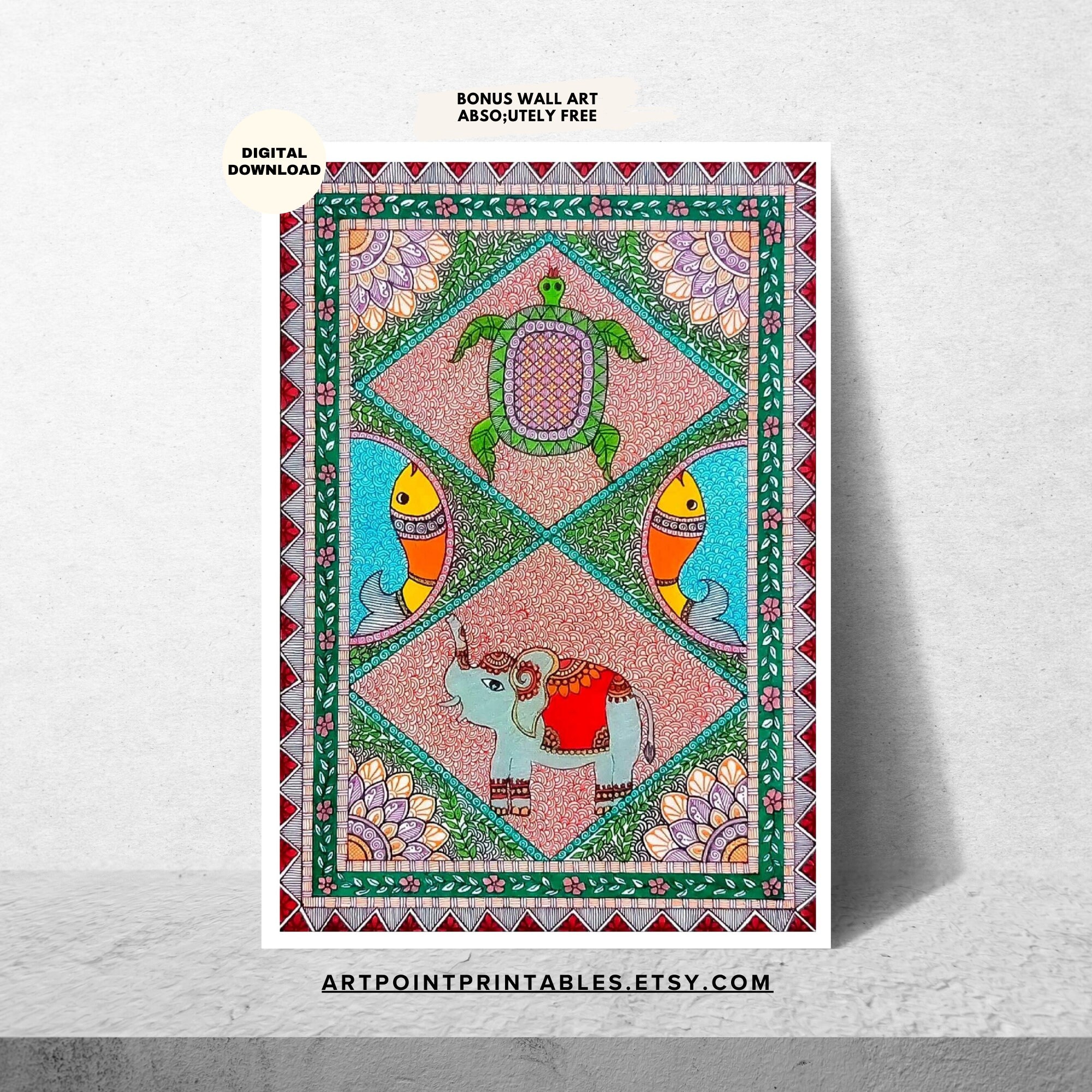 Madhubani Painting Indian Art Sea Turtle Elephant Fish - Etsy
