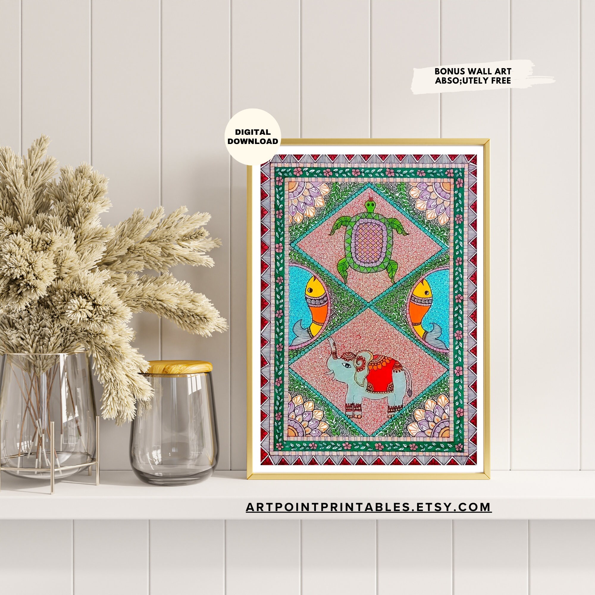 Madhubani Painting Indian Art Sea Turtle Elephant Fish - Etsy