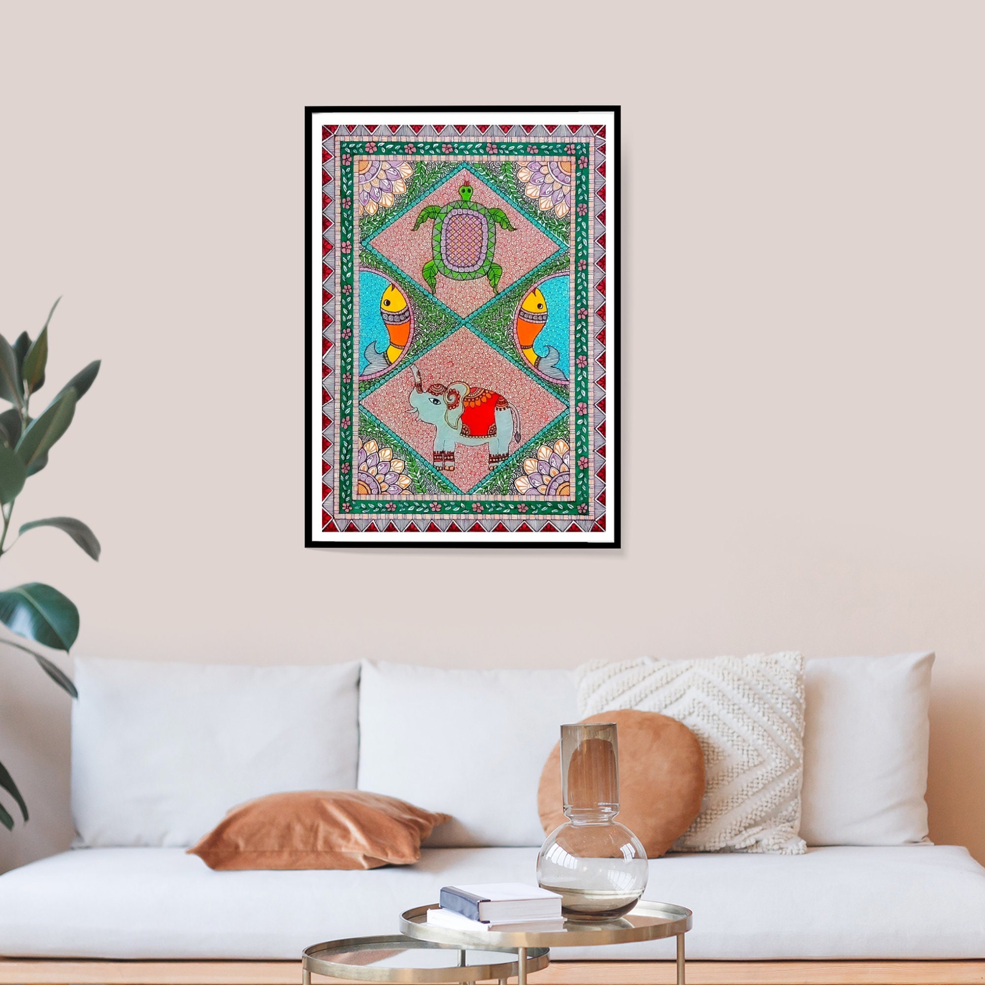 Madhubani Painting Indian Art Sea Turtle Elephant Fish - Etsy