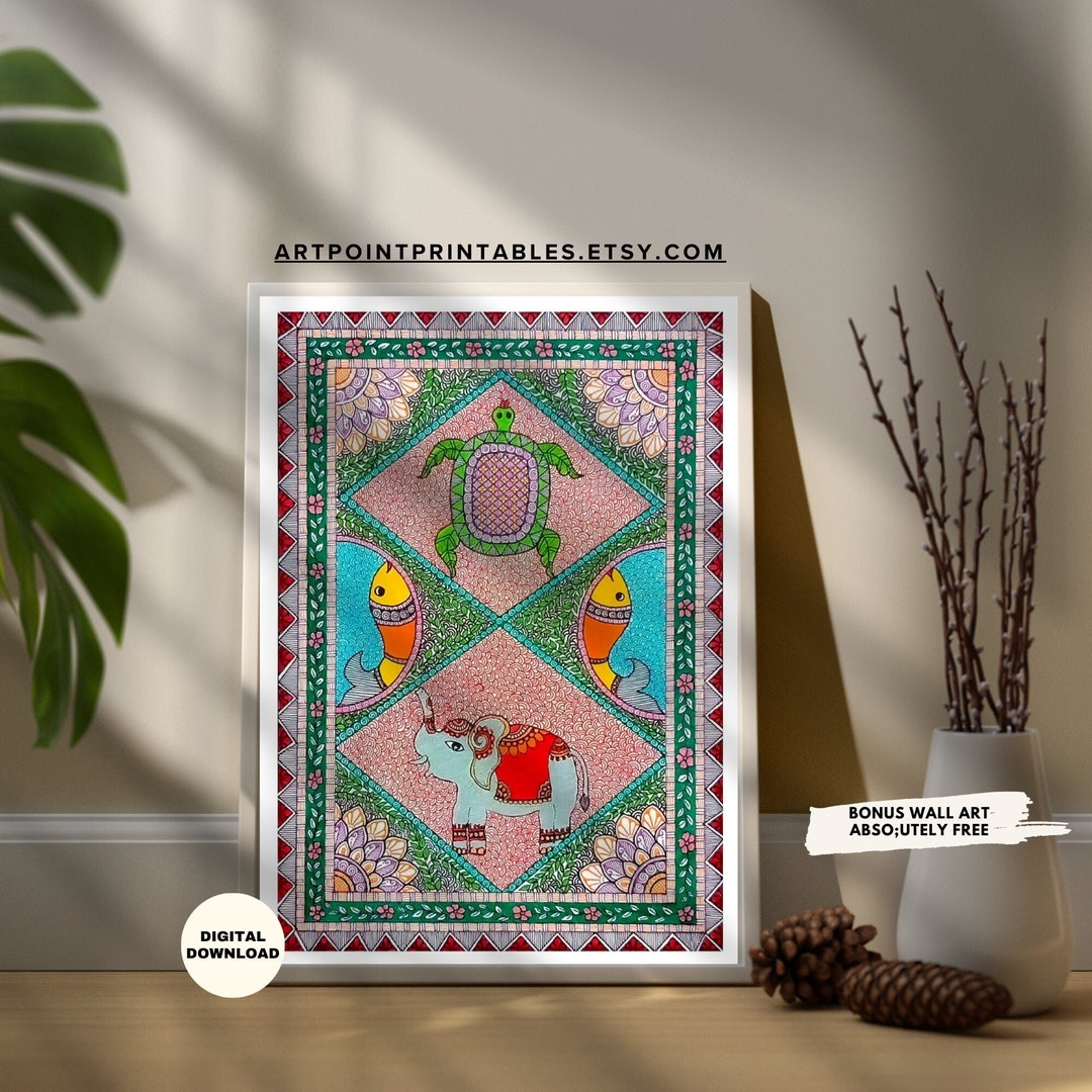 Madhubani Painting Indian Art Sea Turtle Elephant Fish - Etsy