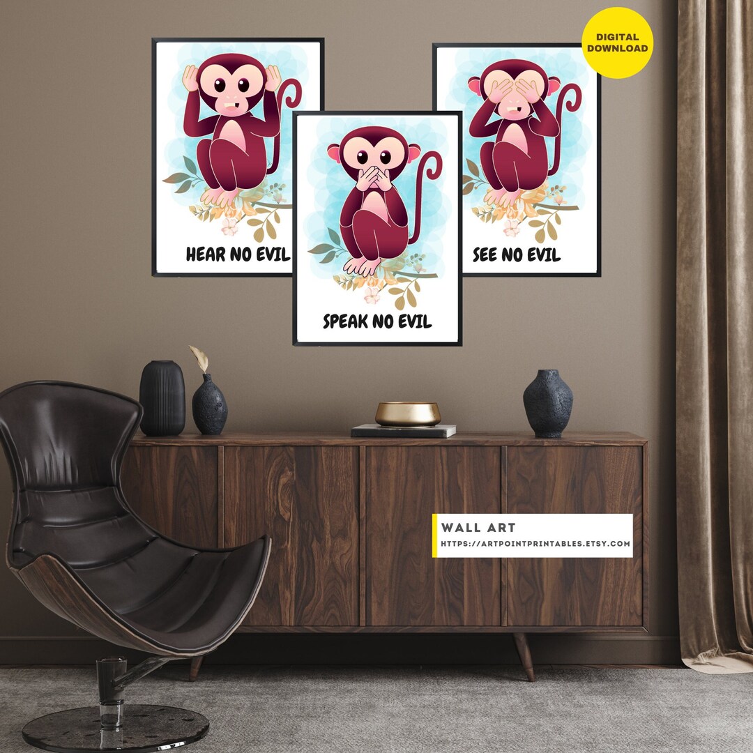 Three Wise Monkeys, Set of 3 Wall Art, Monkey Nursery Prints ...