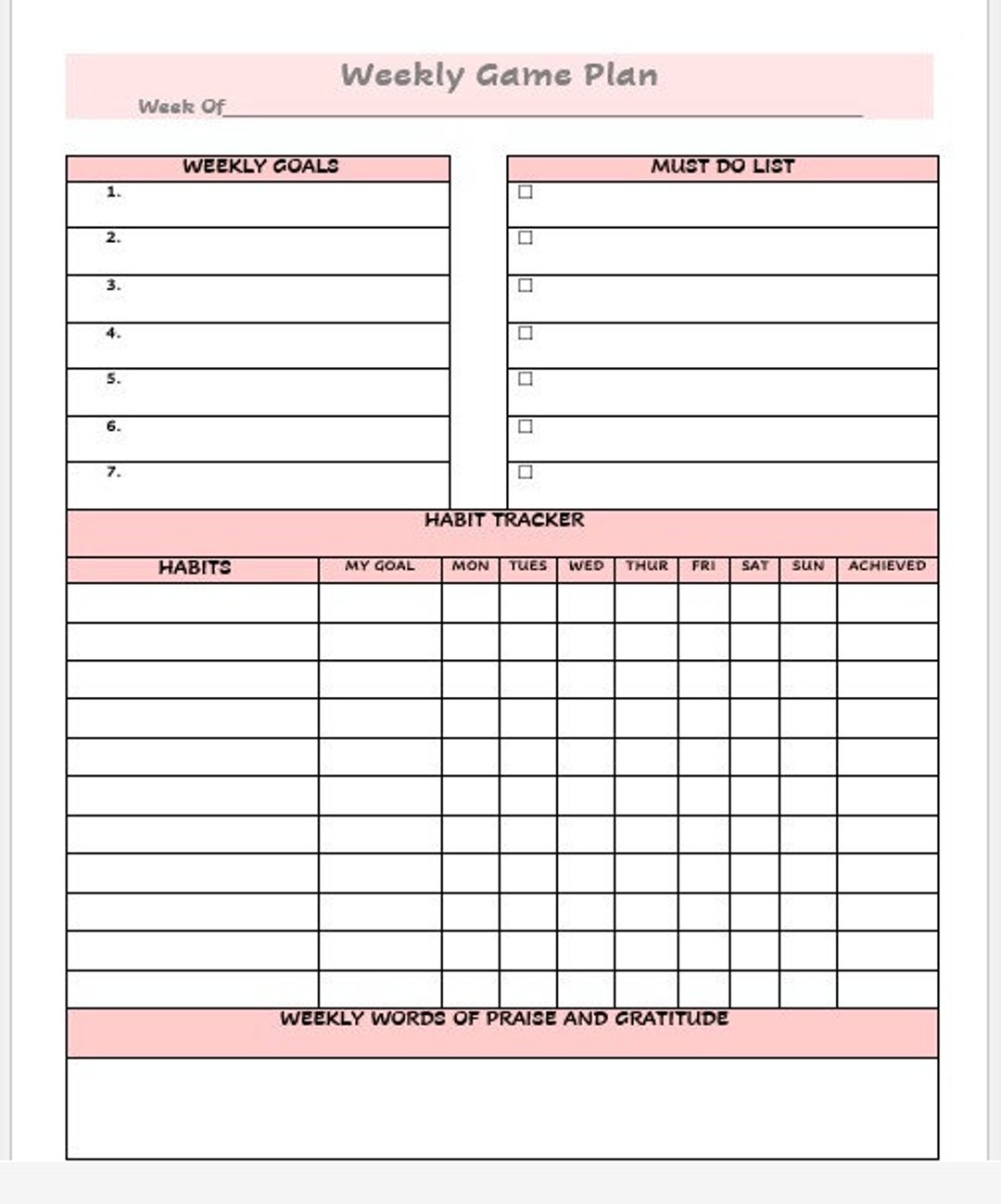 Weekly Game Plan Sheet - Etsy