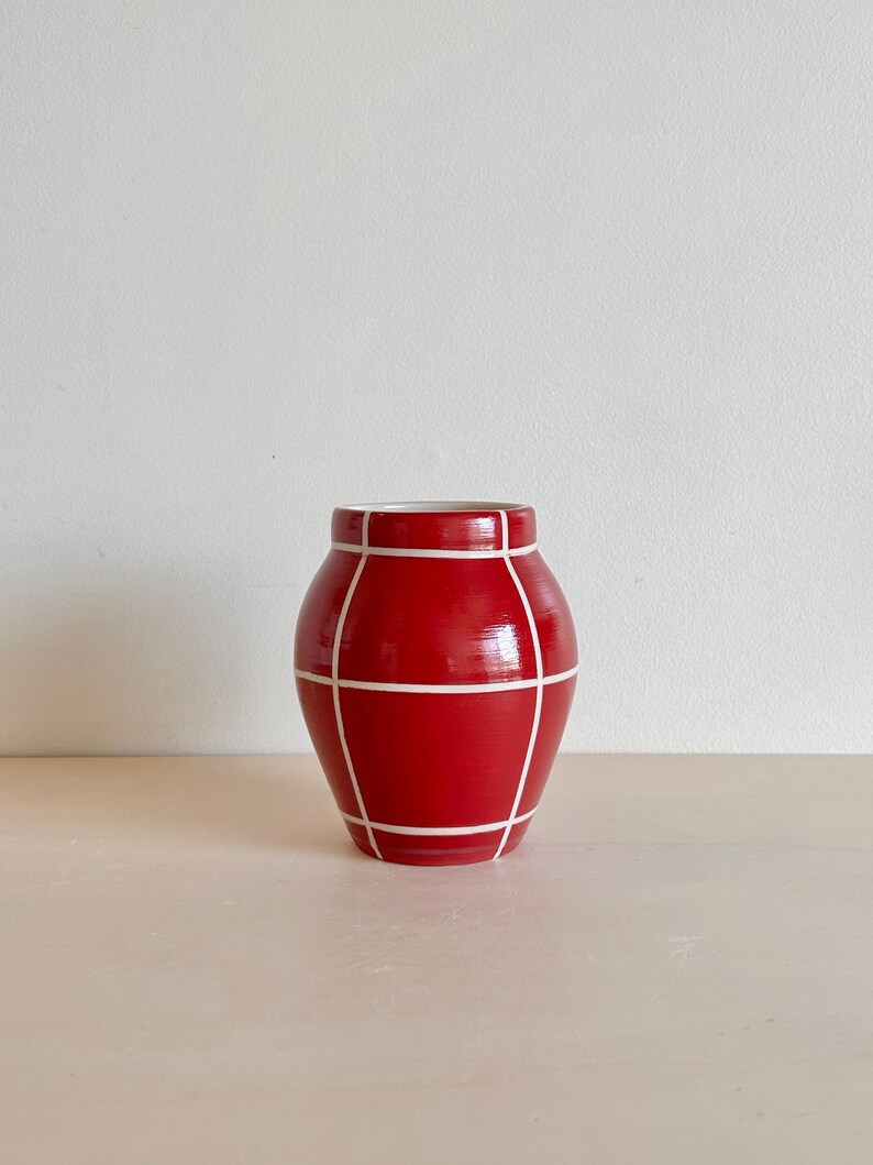 Red Ceramic Vase With White Stripes, Handmade Ceramic Vase or Vessel ...
