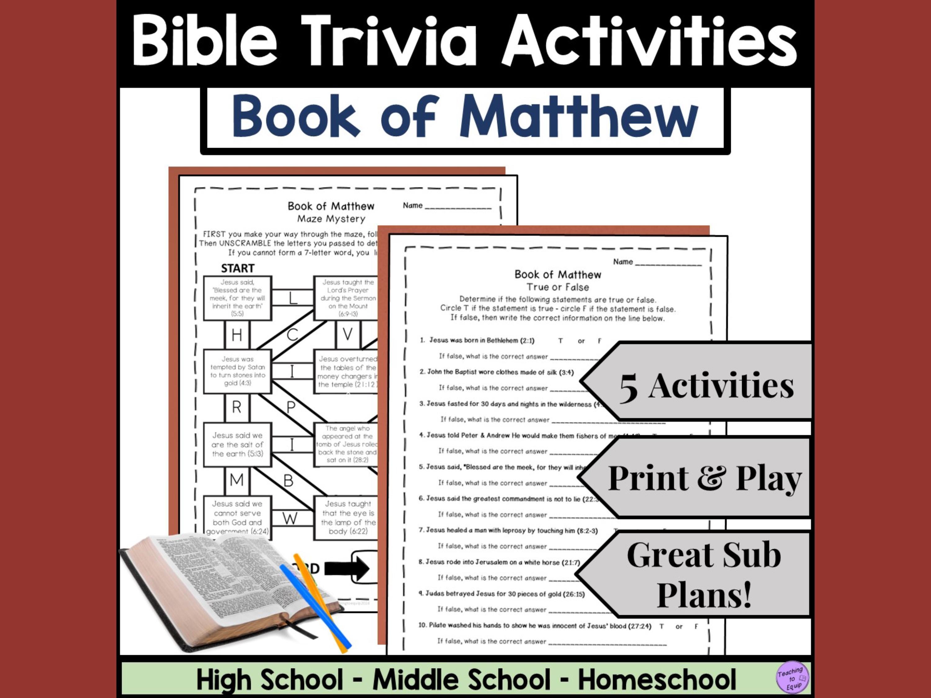 Bible Book Matthew Trivia Activities: Puzzles, Word Search, Maze, and ...