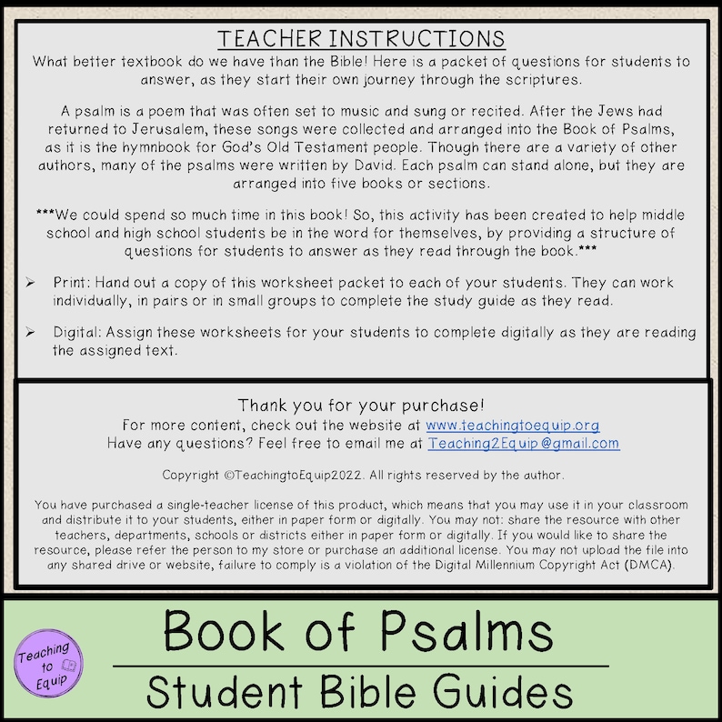 Psalm Bible Study Questions Worksheets - Etsy