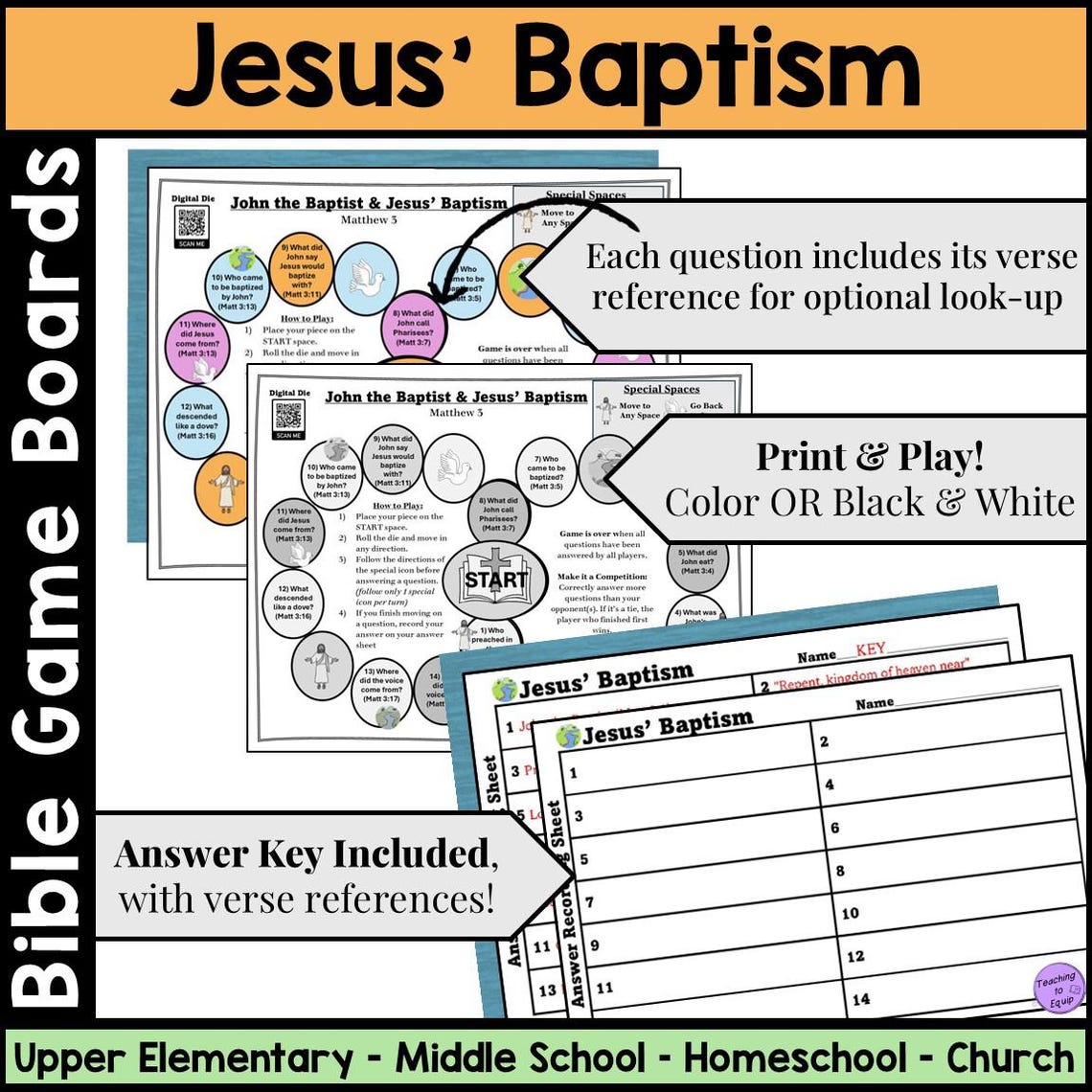 Bible Game Board: Jesus is Baptized Lesson Worksheet Activities - Etsy