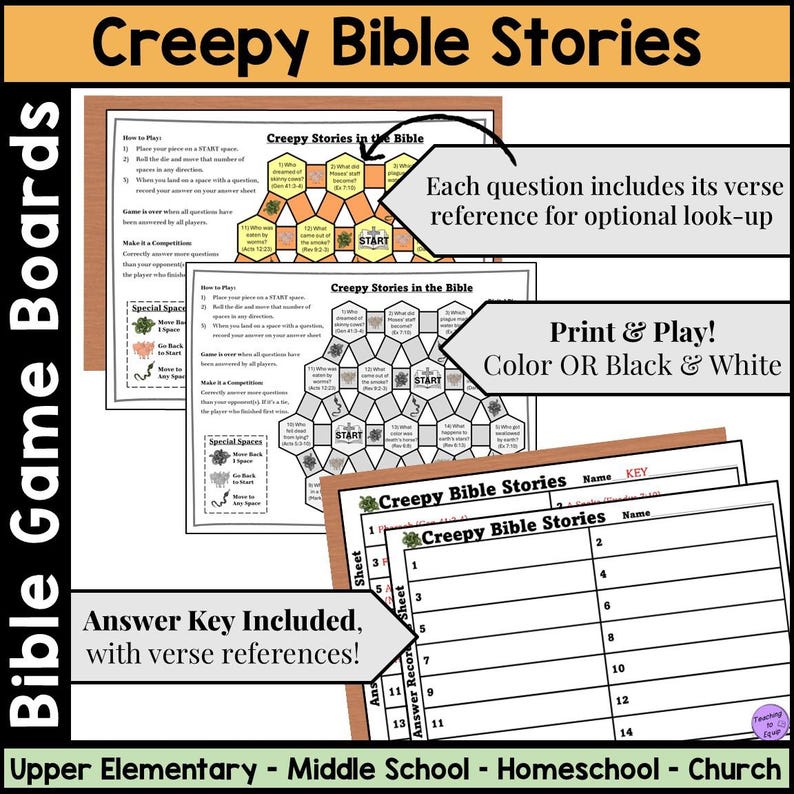 Bible Game Board: Creepy Bible Stories Lesson Activity Worksheet ...