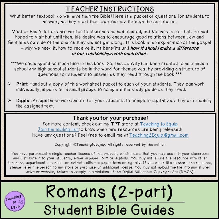 Romans Bible Study Questions Worksheet Packet 2-part - Etsy