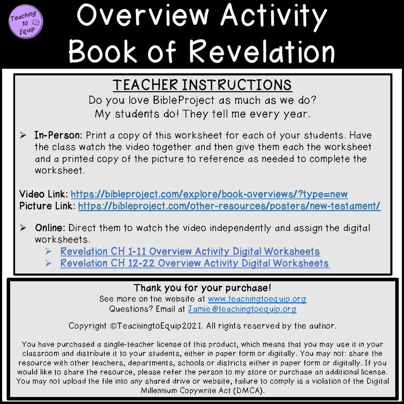 Revelation Book of the Bible Summary (2-part) Overview Activity ...