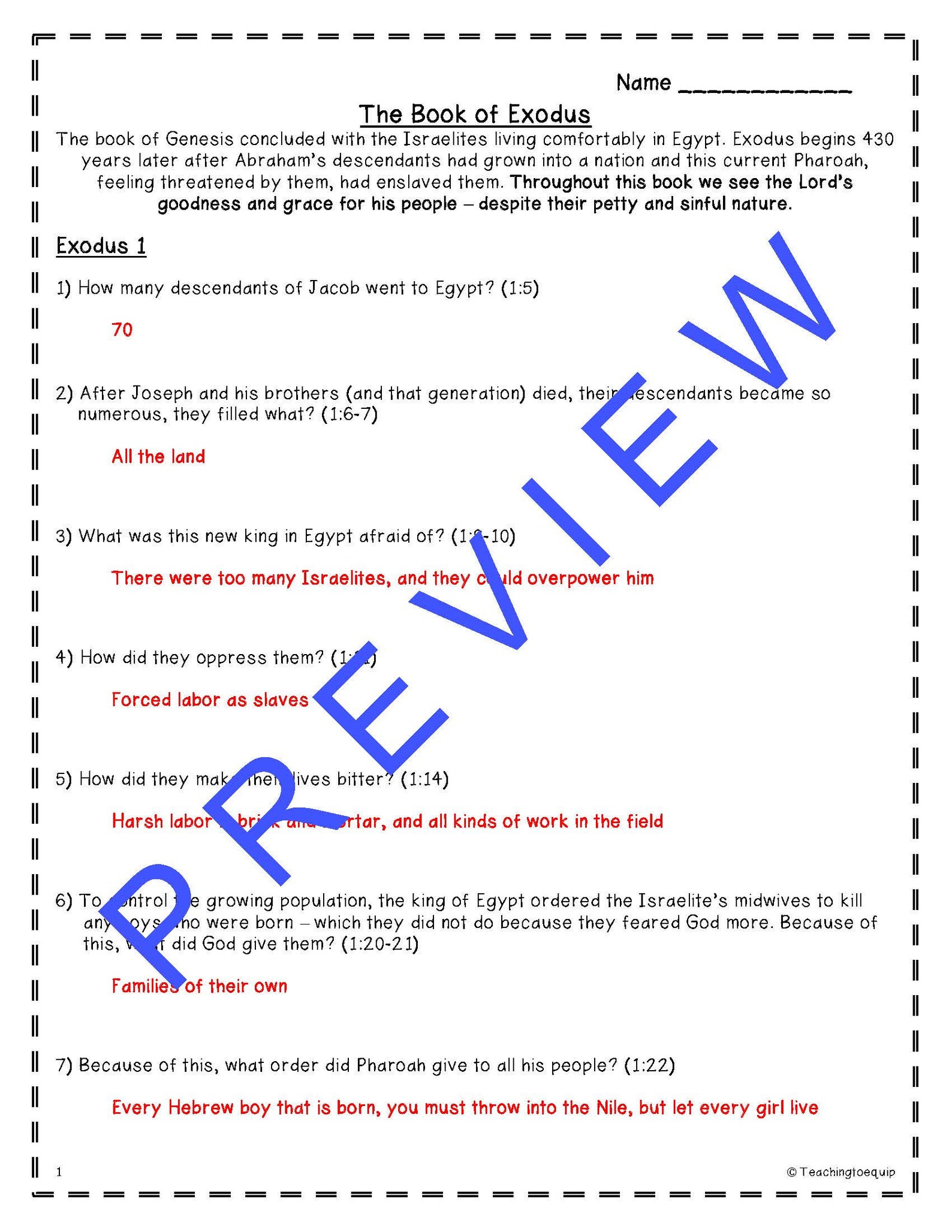 Bible Study Question Guide for Exodus 2-part Worksheet Packets - Etsy