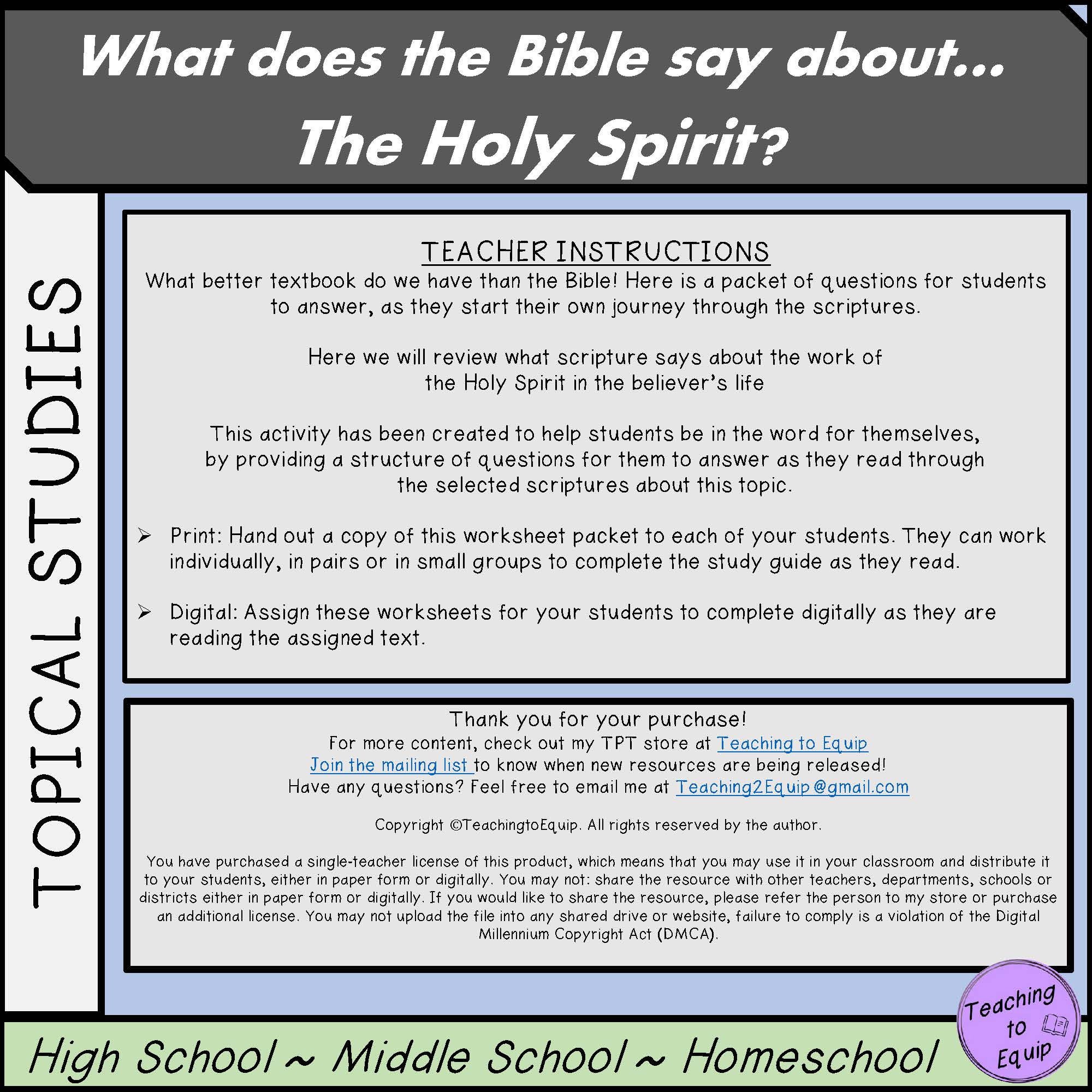 Bible Study on Holy Spirit Topical Questions Worksheets - Etsy