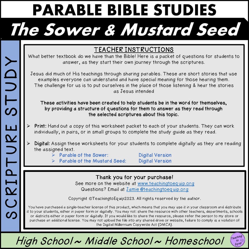 Parable of the Sower and Mustard Seed Bible Study Worksheets - Etsy