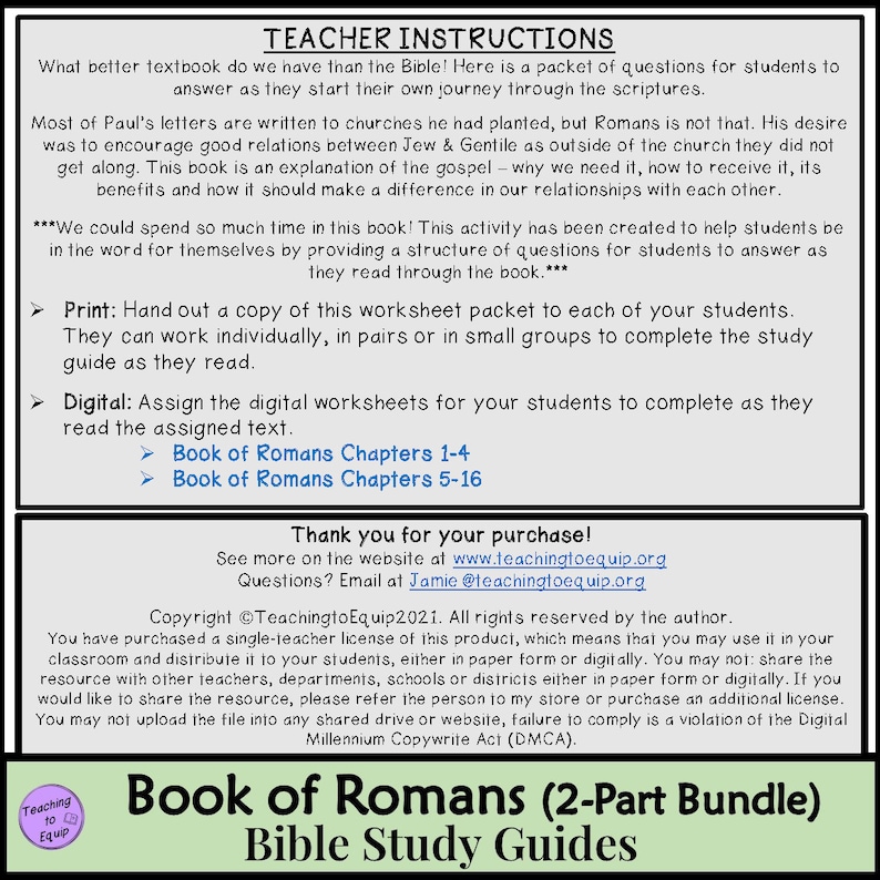 Romans Bible Study Questions Worksheet Packet (2-part) - Etsy