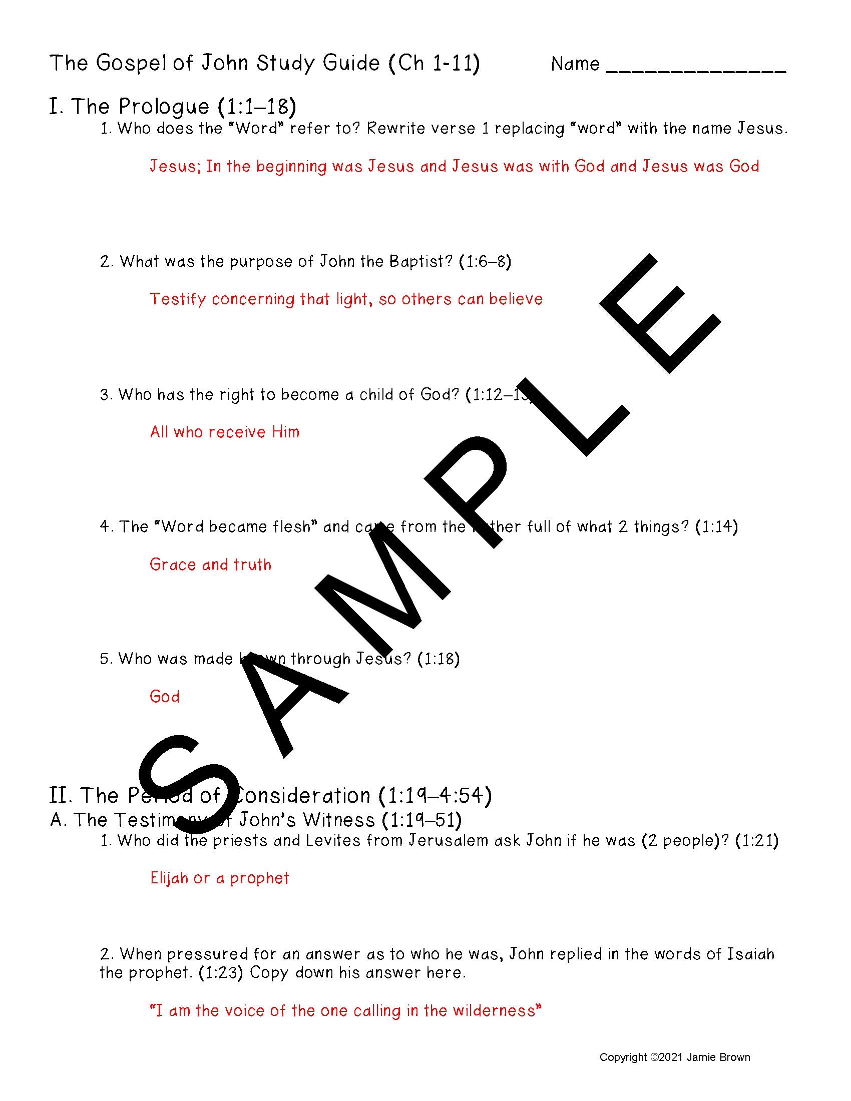 Bible Study Questions for Gospel of John 2-part Worksheet Packets ...