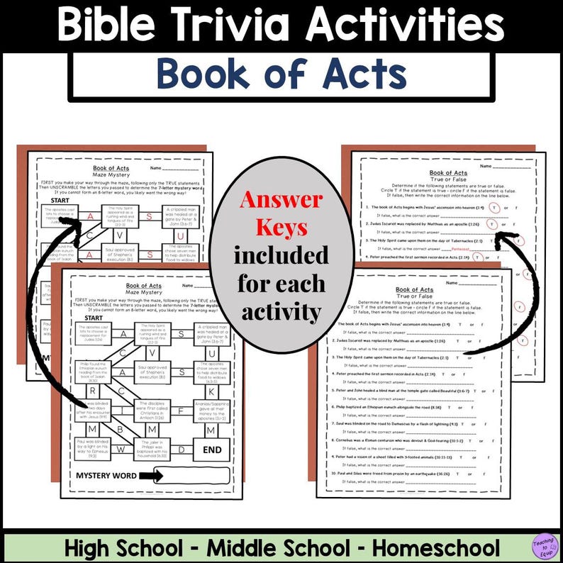 Bible Book of Acts Trivia Activities: Puzzles, Word Search, Maze, and ...