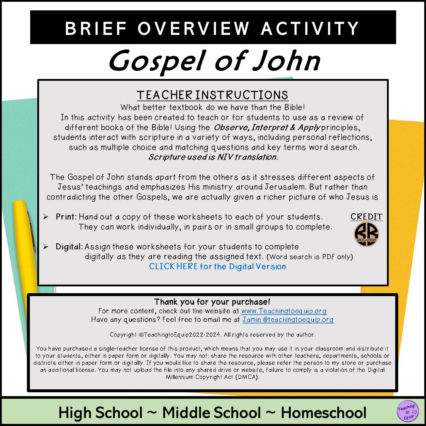 Brief Review About Gospel of John Bible Book Overview Activity - Etsy
