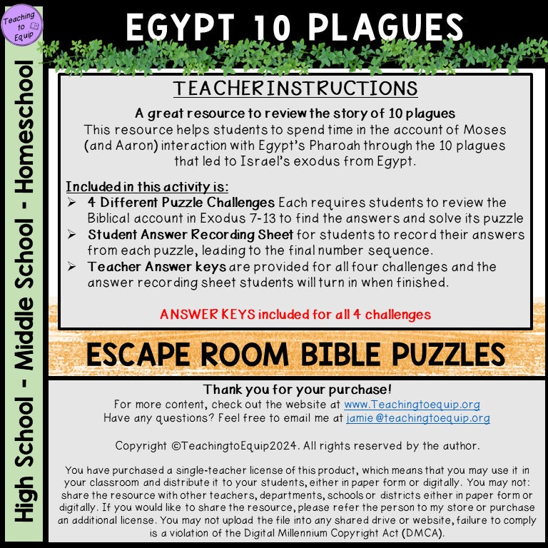 Exodus 10 Plagues in Egypt Bible ESCAPE ROOM - Reading & Puzzles ...