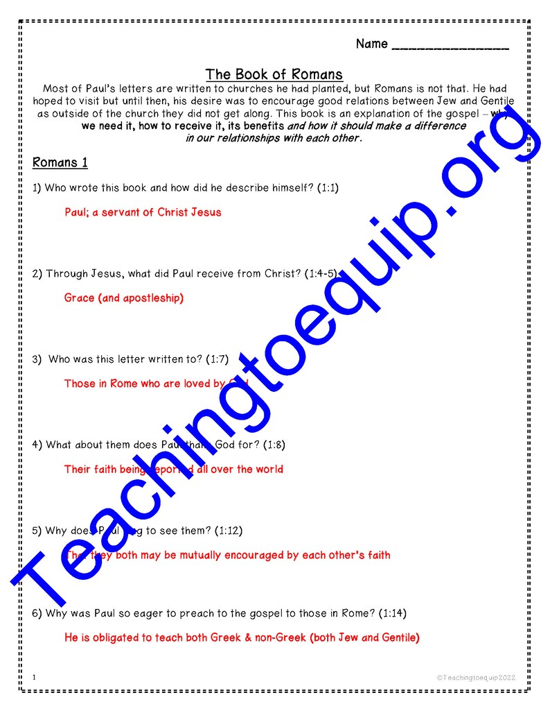 Romans Bible Study Questions Worksheet Packet 2-part - Etsy