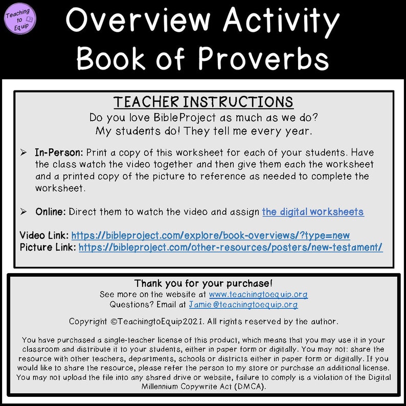 Book of Proverbs Bible Overview Summary Activity - Etsy