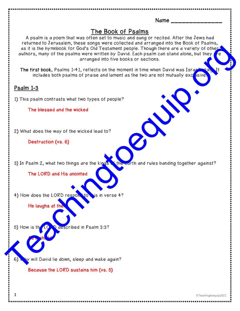Psalm Bible Study Questions Worksheets - Etsy