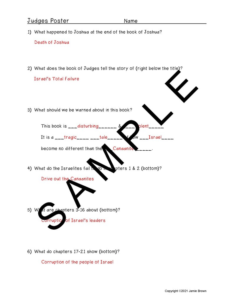 Book of Judges Bible Overview Summary Worksheet Activity - Etsy