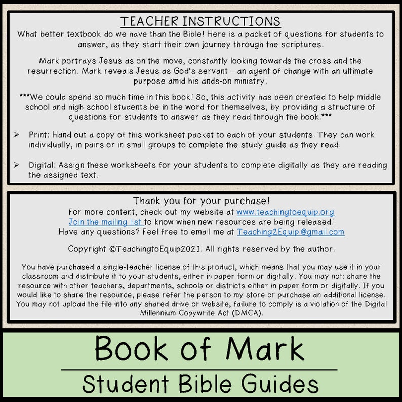 Mark Bible Study Questions Worksheets (Instant Download) - Etsy