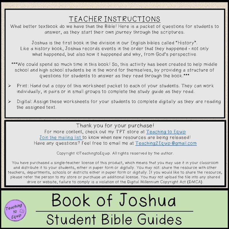 Book of Joshua Bible Study Questions Worksheets - Etsy
