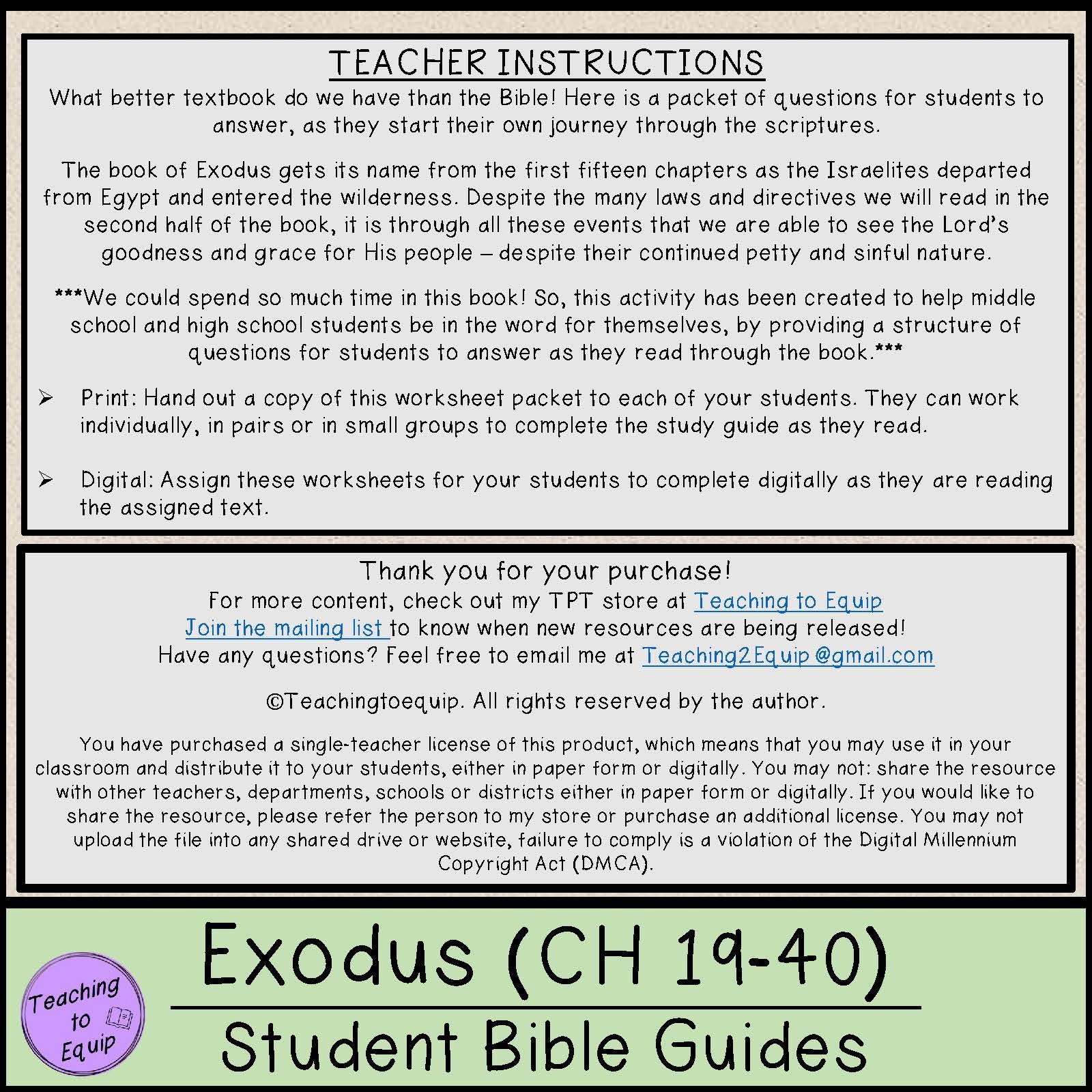 Bible Study Question Guide for Exodus 2-part Worksheet Packets - Etsy