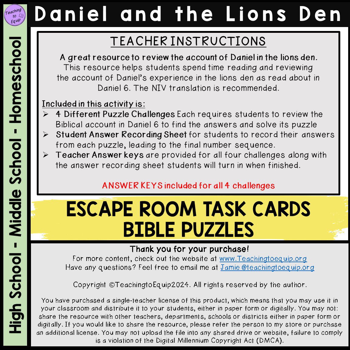 Bible Activity Lesson Daniel Lions Den Escape Room Middle & High School ...