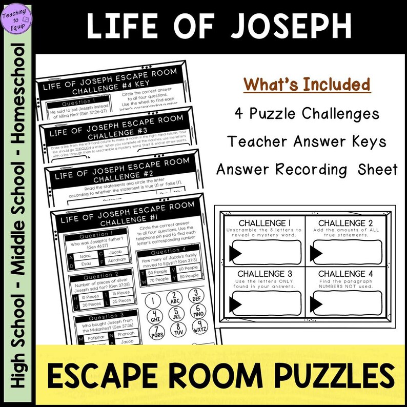 Life of Joseph Bible Story Lesson ESCAPE ROOM - Reading & Puzzles ...
