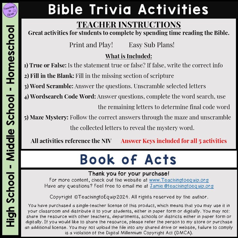 Bible Book of Acts Trivia Activities: Puzzles, Word Search, Maze, and ...