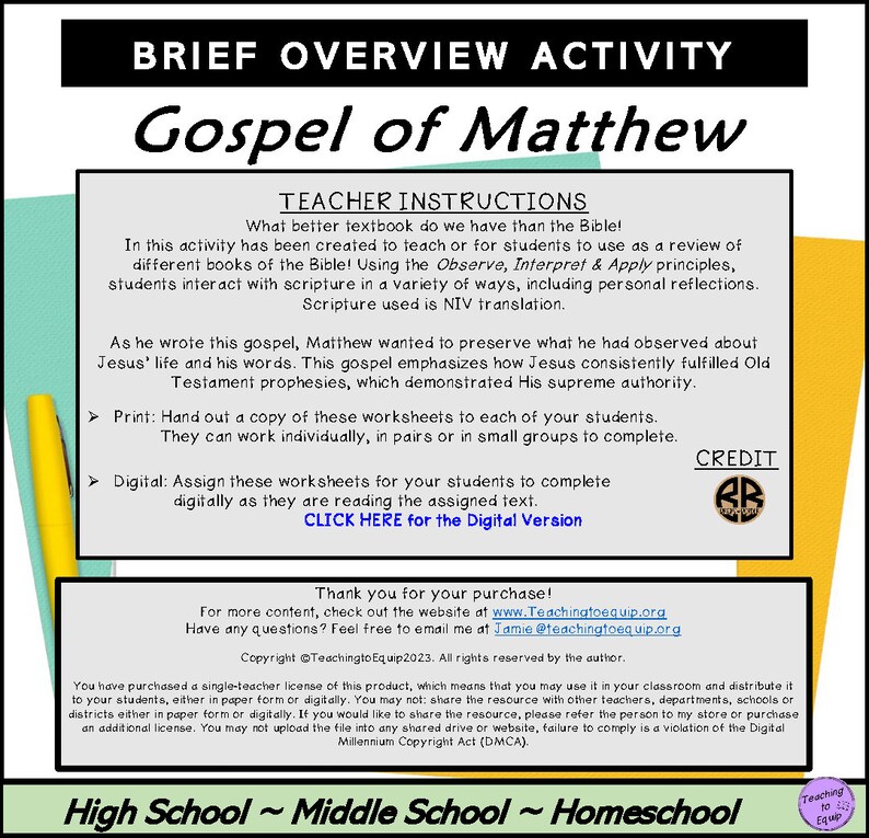 Brief Review About Gospel of Matthew Bible Book Overview Worksheet ...