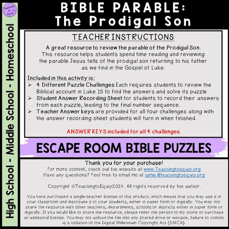 Bible Story Lesson Activity Prodigal Son Gospel Escape Room Puzzle ...