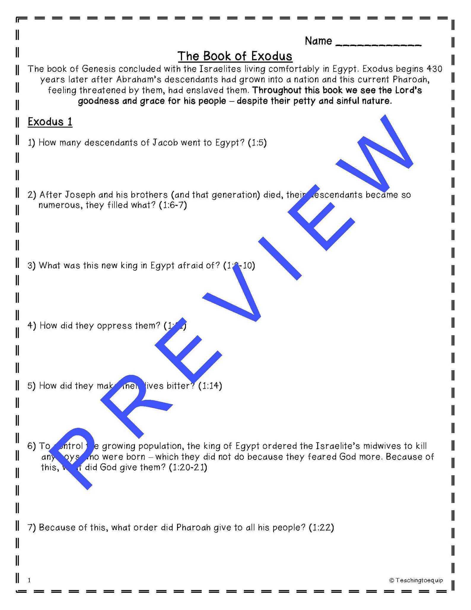 Bible Study Question Guide for Exodus 2-part Worksheet Packets - Etsy