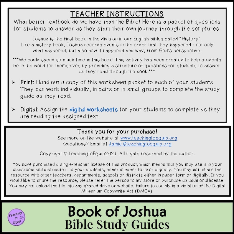 Book of Joshua Bible Study Questions Worksheets - Etsy