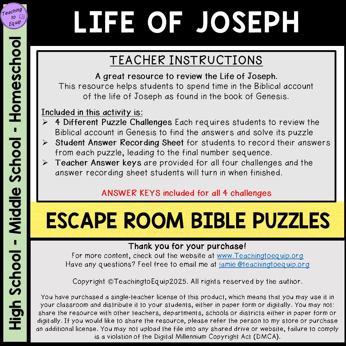 Life of Joseph Bible Story Lesson ESCAPE ROOM - Reading & Puzzles ...