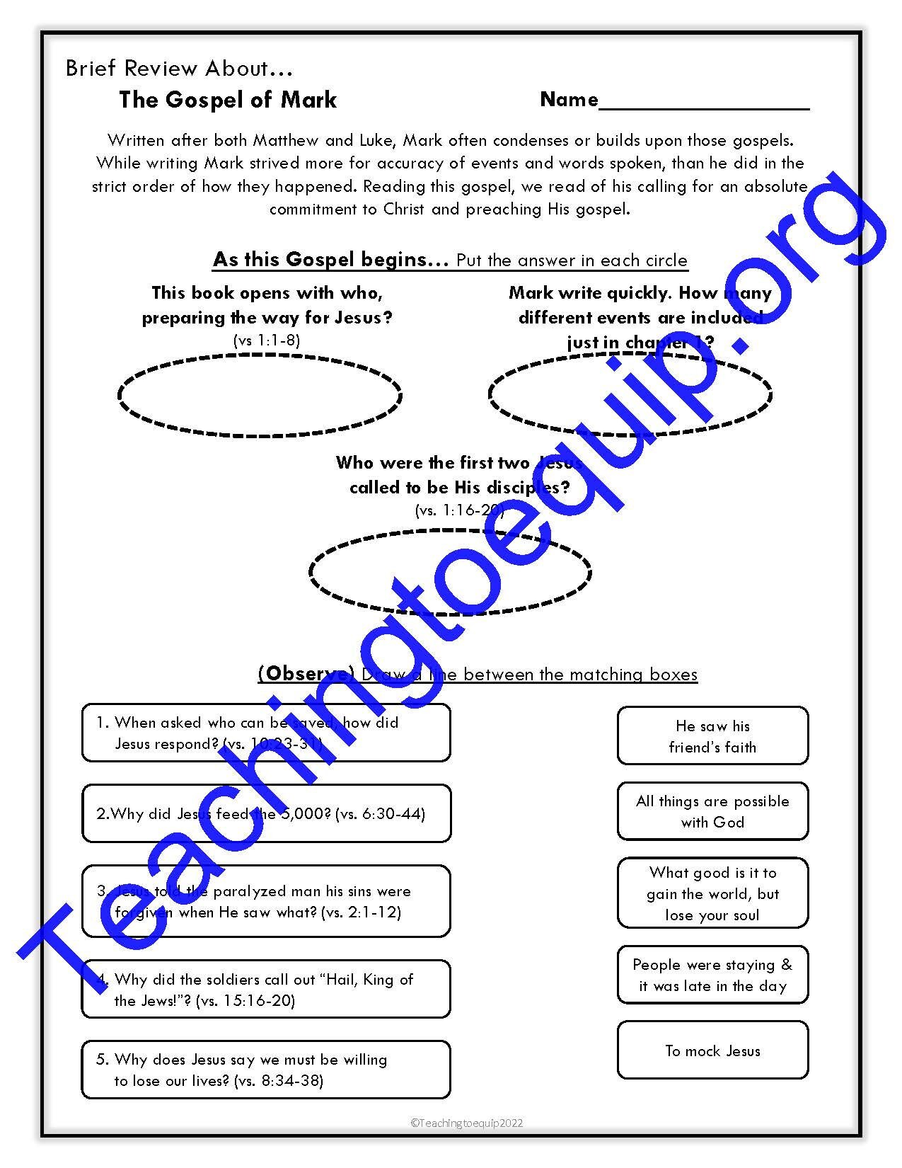 Brief Review About Gospel of Mark Bible Book Overview Activity - Etsy