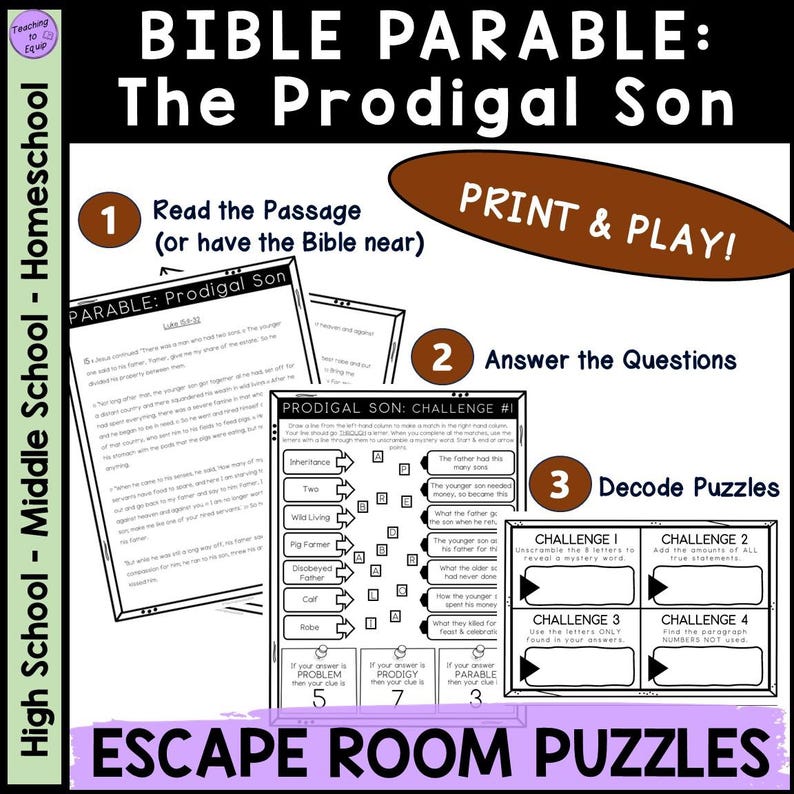Bible Story Lesson Activity Prodigal Son Gospel Escape Room Puzzle ...