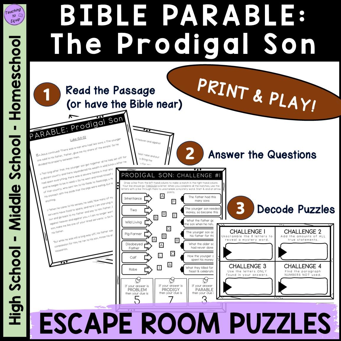 Bible Story Lesson Activity Prodigal Son Gospel Escape Room Puzzle ...