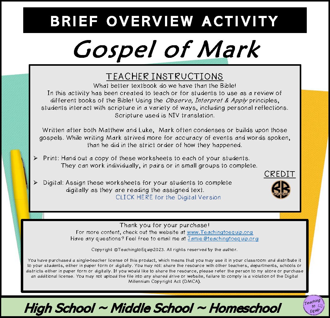 Brief Review About Gospel of Mark Bible Book Overview Activity - Etsy