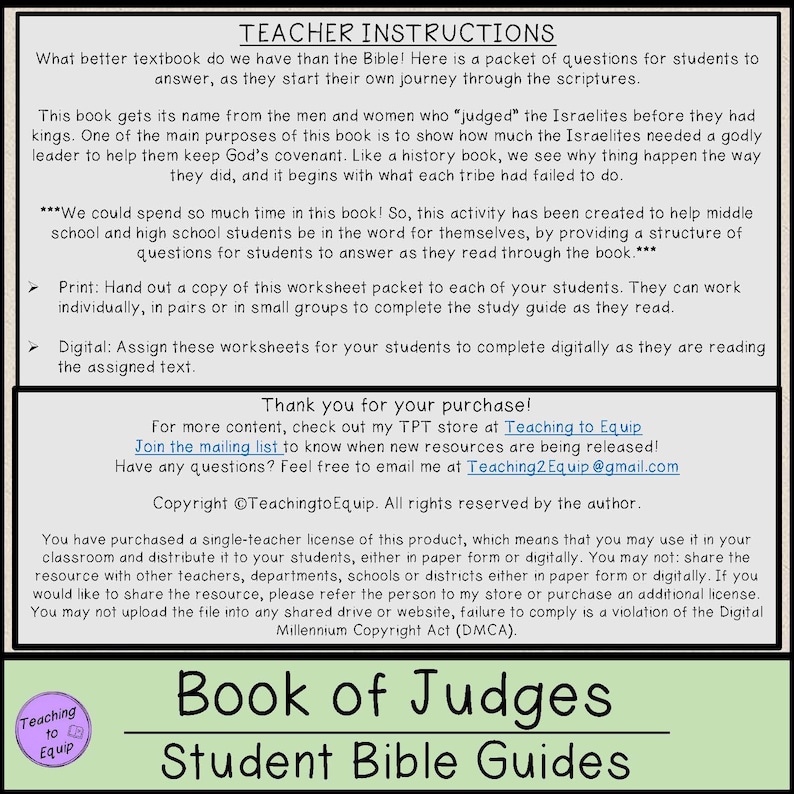 Book of Judges Bible Study Questions Worksheet Packet (Download Now) - Etsy