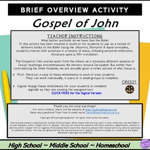 Brief Review About Gospel of John Bible Book Overview Activity - Etsy