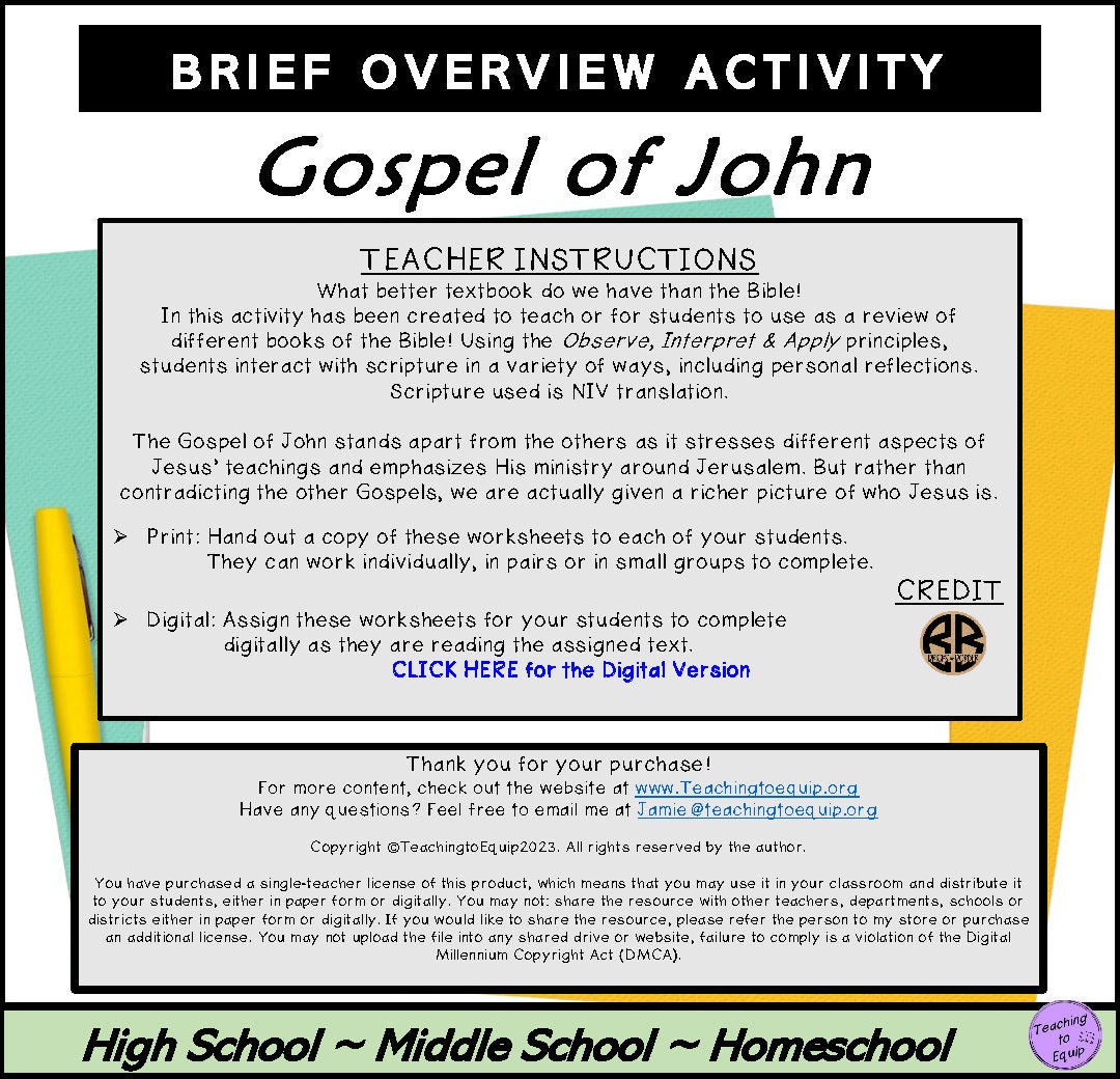 Brief Review About Gospel of John Bible Book Overview Activity - Etsy