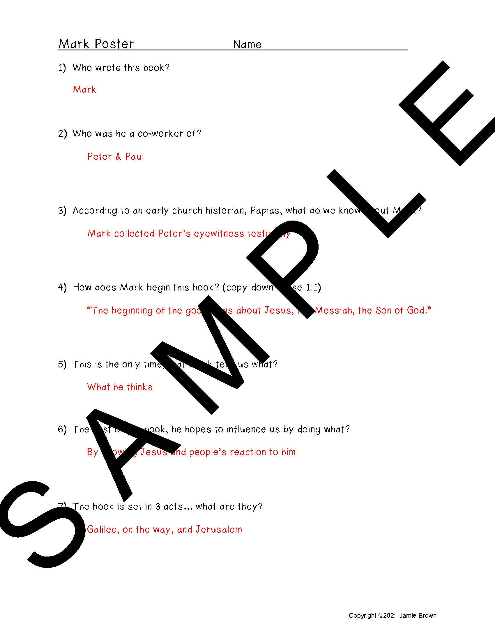 Summary of the Gospel of Mark Bible Activity Worksheets - Etsy