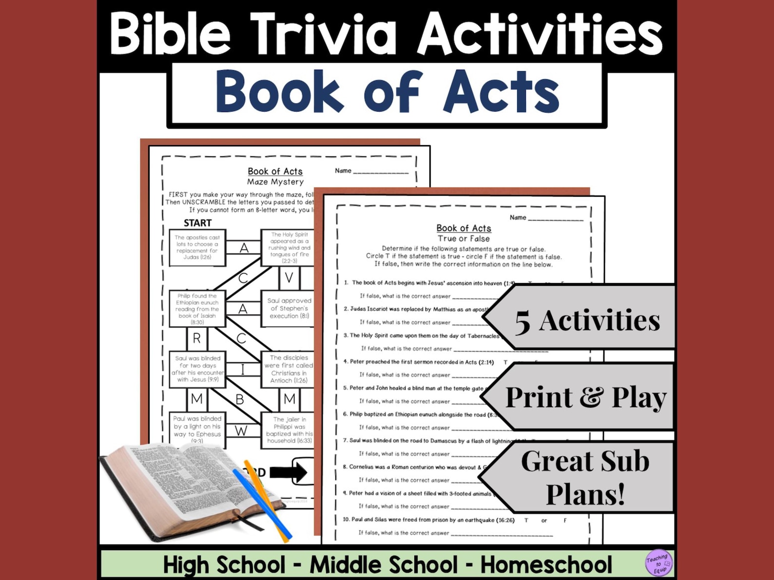 Bible Book of Acts Trivia Activities: Puzzles, Word Search, Maze, and ...