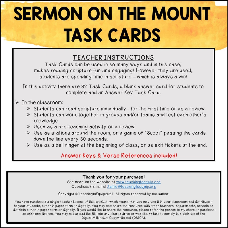 Sermon on the Mount Jesus Bible Trivia Cards Activity Task Cards - Etsy