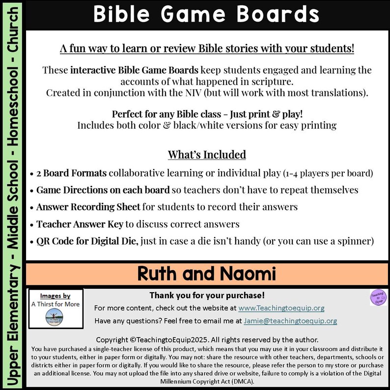 Bible Game Board: Ruth and Naomi Story Lesson Activity Worksheet - Etsy