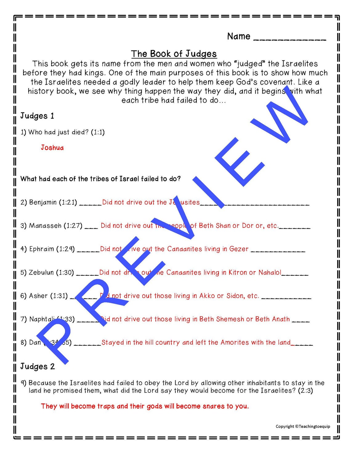 Book of Judges Bible Study Questions Worksheet Packet - Etsy