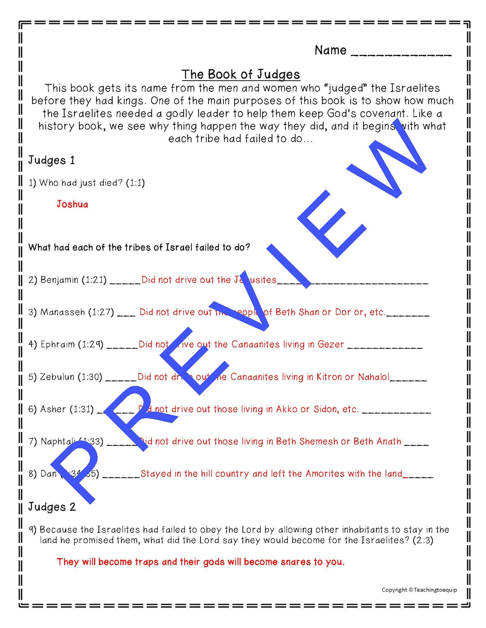 Book of Judges Bible Study Questions Worksheet Packet - Etsy